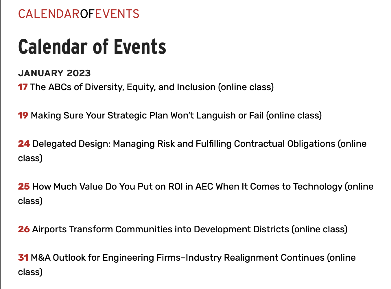 Winter 2022Calendar of Events