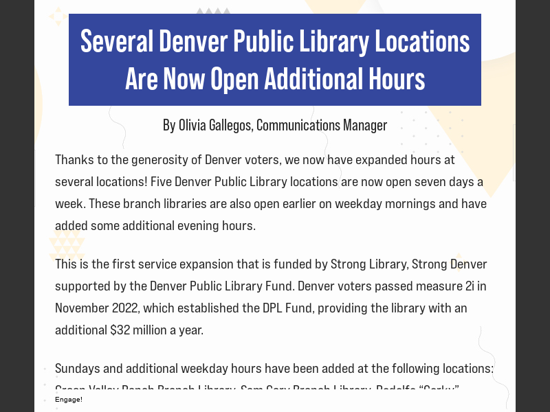 August 2023Several Denver Public Library Locations Are Now Open ...