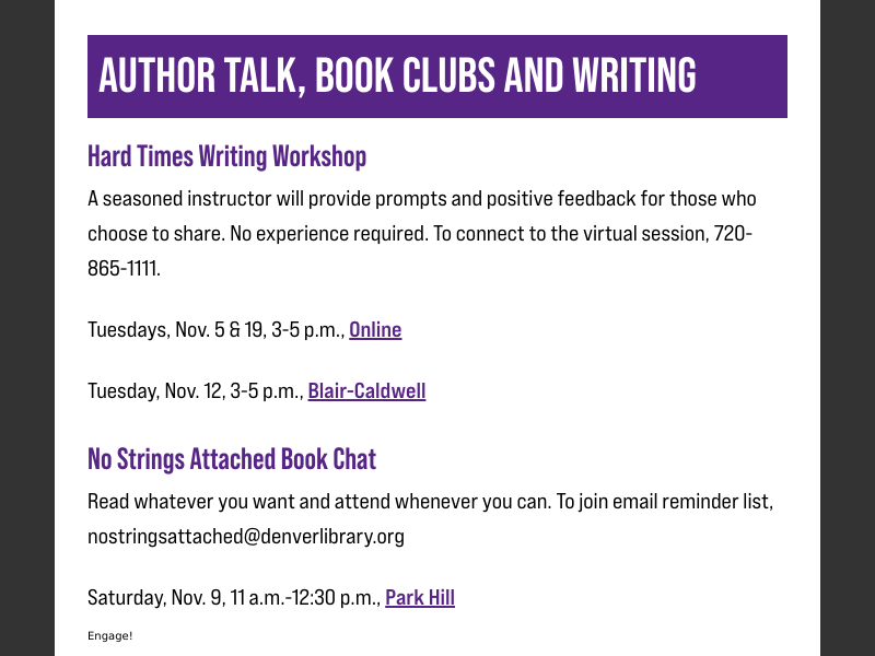 November 2024Author Talk, Book Clubs and Writing