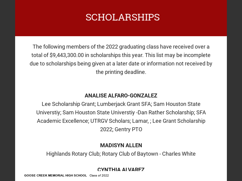 2022 GCM Graduation ProgramScholarships