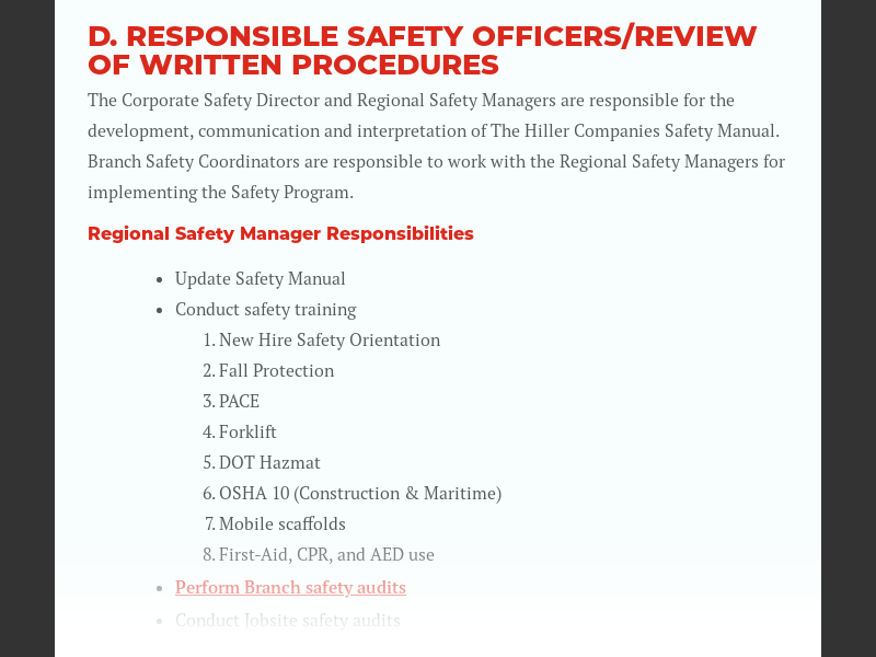 Hiller Safety Manual I: Hiller PoliciesD. Responsible Safety Officers
