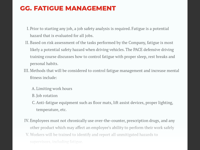 Hiller Safety Manual II: Health and Safety ProgramGG. Fatigue Management