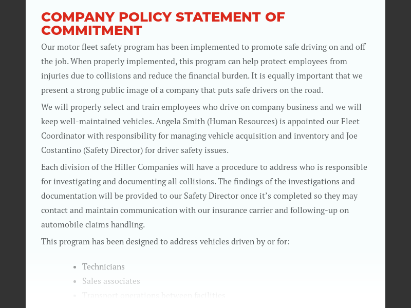 Fleet Safety ManualCompany Policy Statement of Commitment
