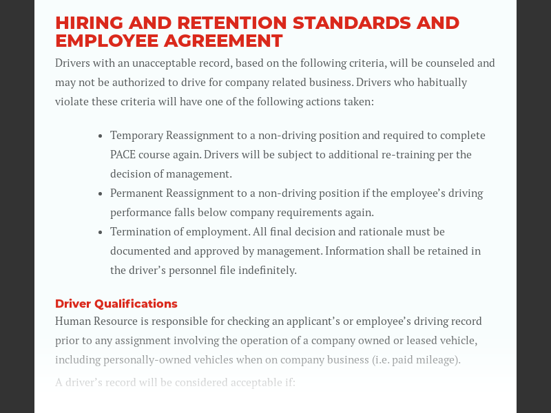 Fleet Safety ManualHiring and Retention Standards and Employee Agreement