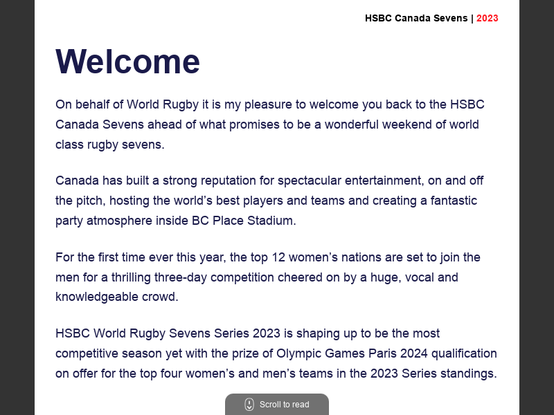 HSBC Canada Sevens, March 3-5, 2023World Rugby - Welcome Letter