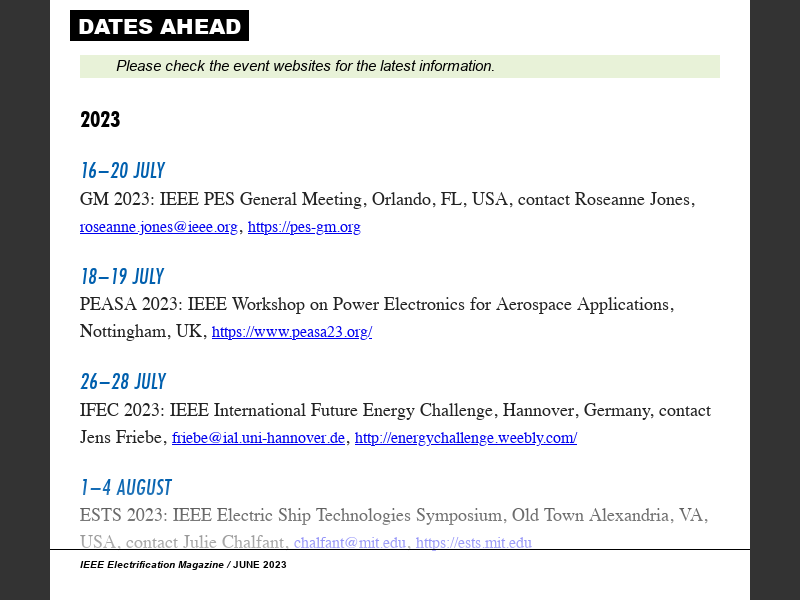 IEEE Electrification Magazine - June 2023Dates Ahead