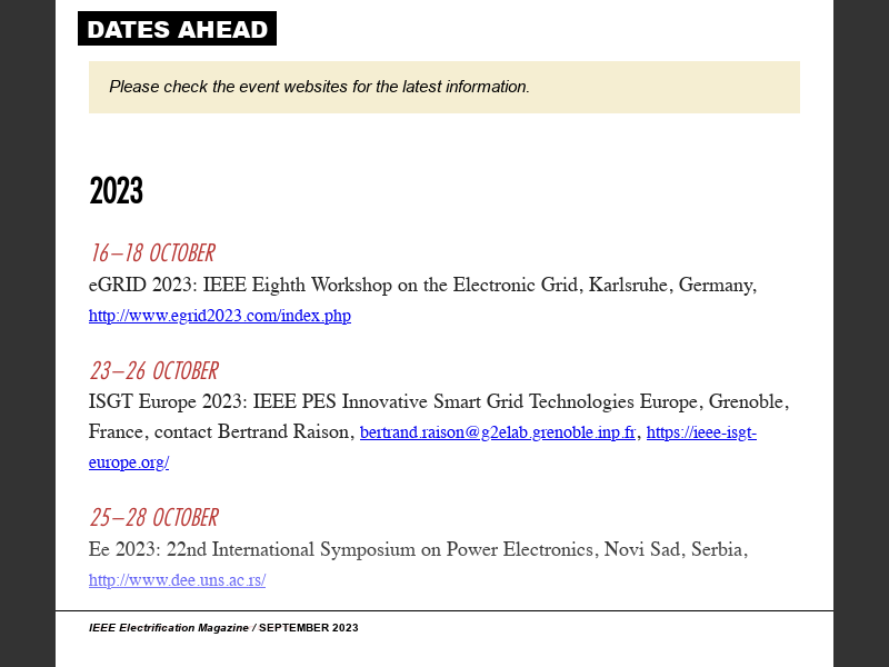 IEEE Electrification Magazine - September 2023Dates Ahead
