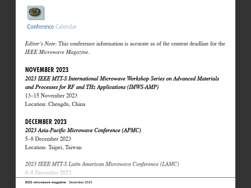 IEEE Microwave Magazine, December 2023Conference Calendar