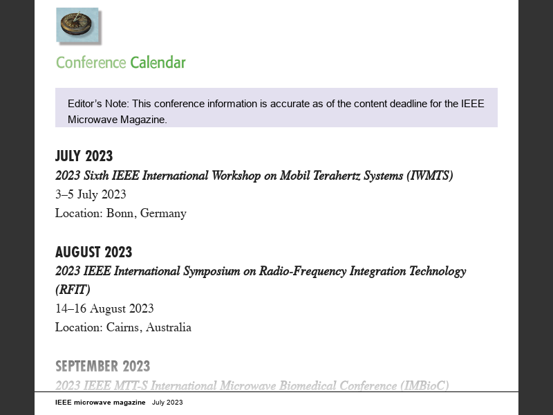 IEEE Microwave Magazine, July 2023Conference Calendar