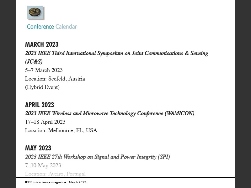 IEEE Microwave Magazine, March 2023Conference Calendar