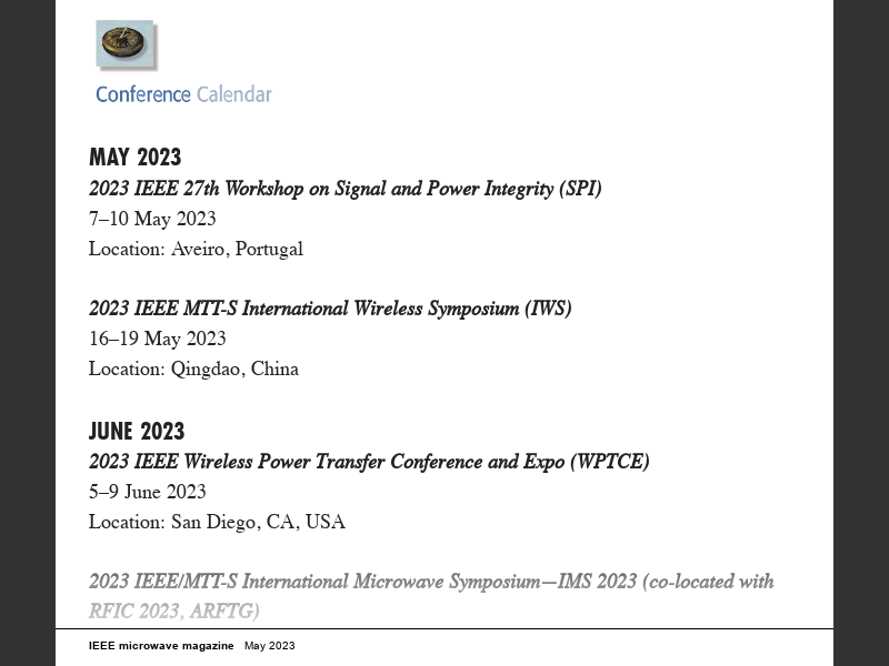 IEEE Microwave Magazine, May 2023Conference Calendar