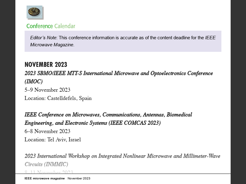 IEEE Microwave Magazine, November 2023Conference Calendar