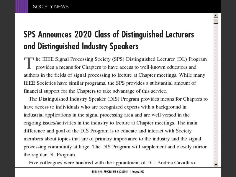 IEEE Signal Processing Magazine, January 2020SPS Announces 2020 Class ...