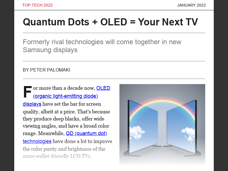 IEEE Spectrum NA January 2022Quantum Dots + OLED = Your Next TV