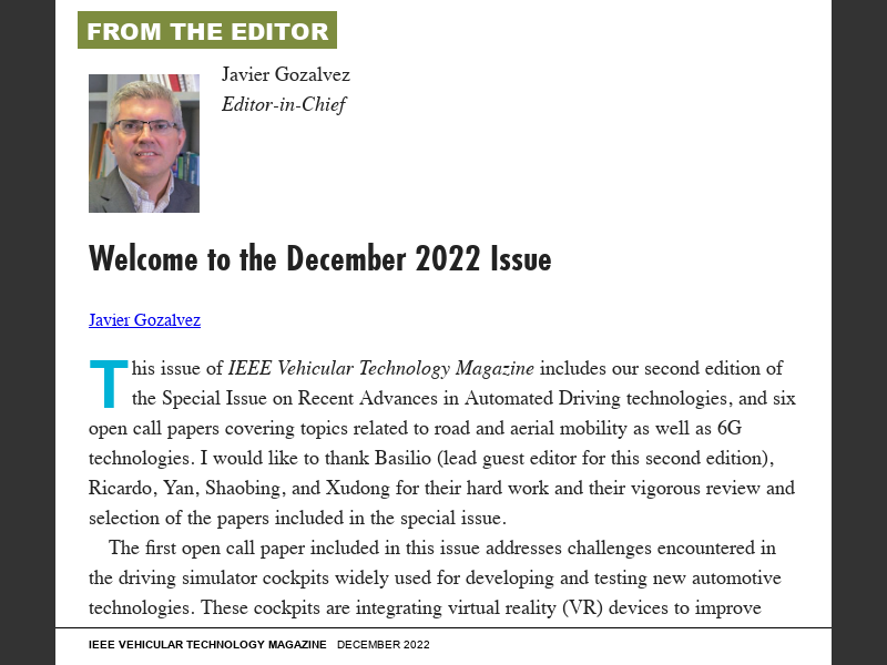 IEEE Vehicular Technology Magazine - December 2022From the Editor