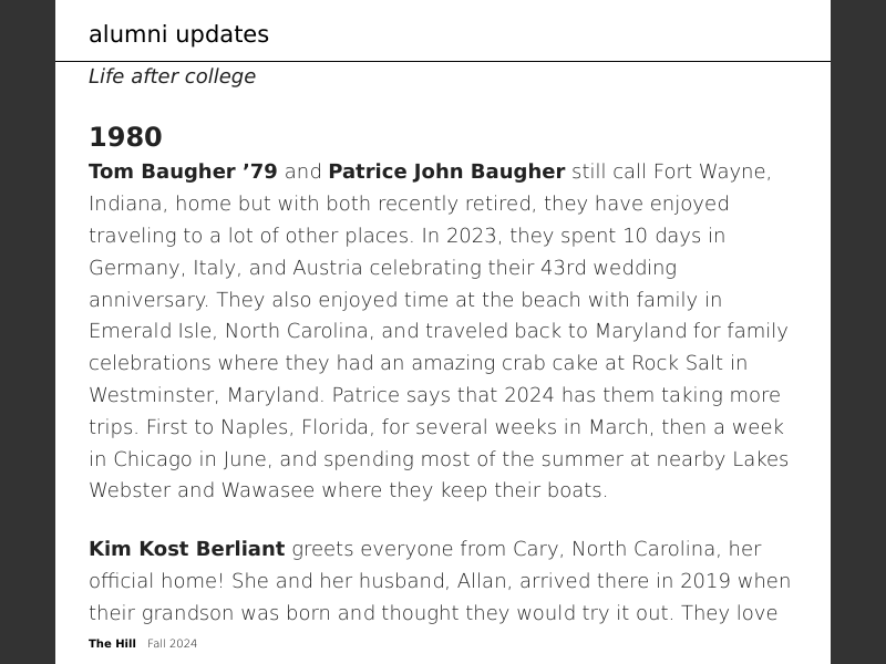 Fall 2024Alumni Updates: Class of 1980