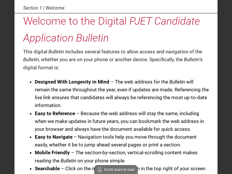 PJET Candidate Application BulletinSection 1 | Welcome