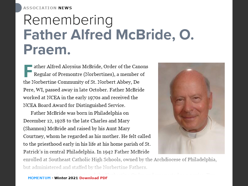Winter 2021Remembering Father Alfred McBride, O. Praem