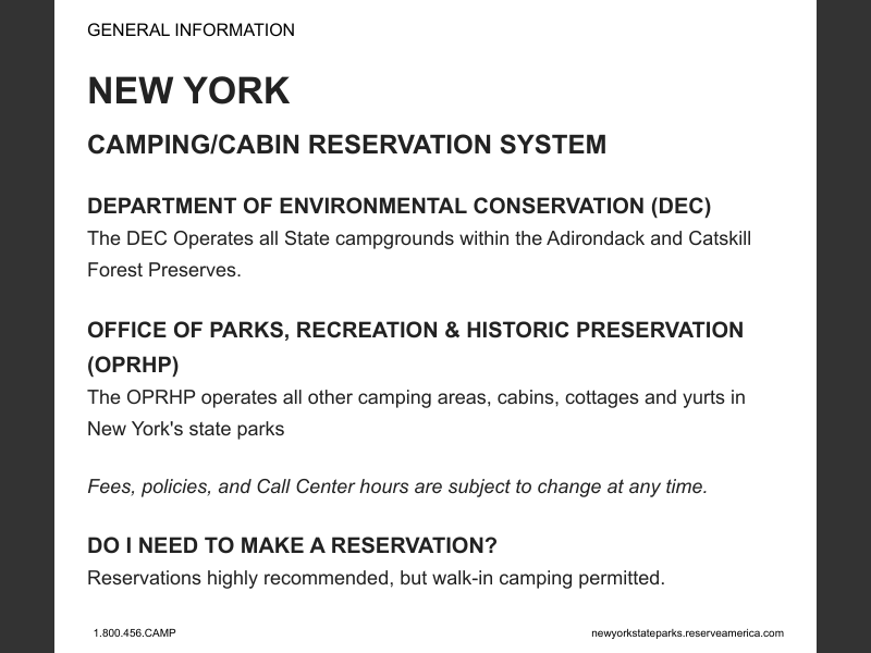 New York State Parks Camping Guide - 2022Camping/Cabin Reservation System