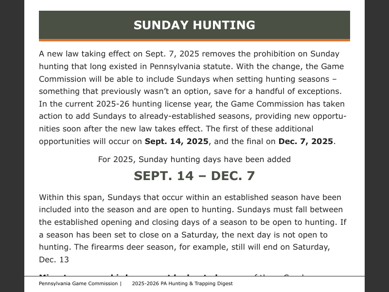 Hunting & Trapping Digest 2025-2026Sunday Hunting