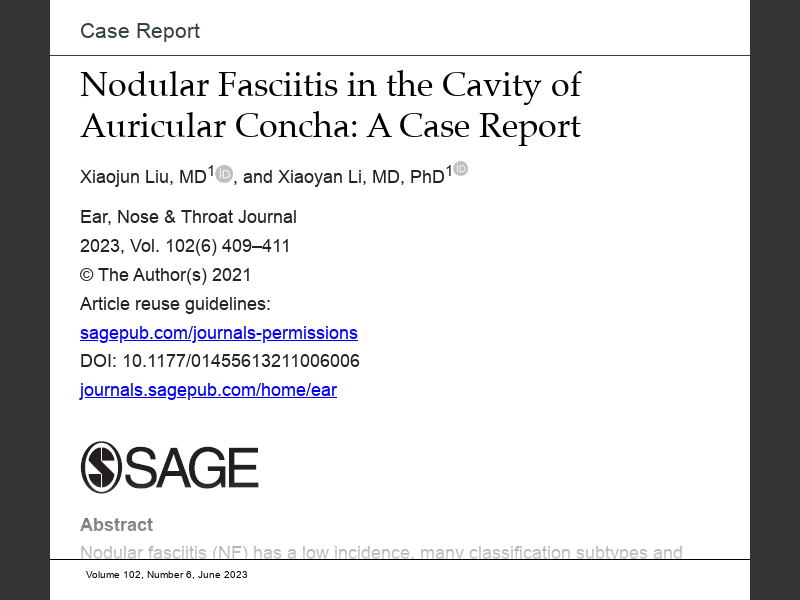 ENT - June 2023Nodular fasciitis in the cavity of auricular concha: a ...