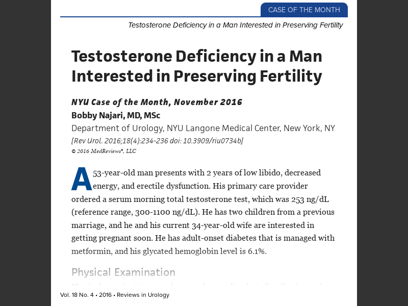Reviews in Urology Volume 18, No. 4 2016Testosterone Deficiency in a ...