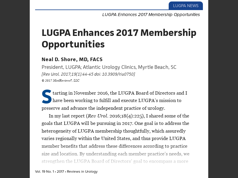 Reviews in Urology Volume 19, No. 1 2017LUGPA Enhances 2017 Membership ...