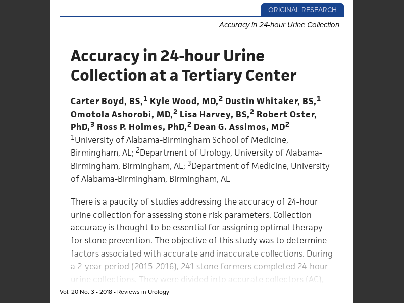 Reviews in Urology Volume 20, No. 3 2018Accuracy in 24-hour Urine ...